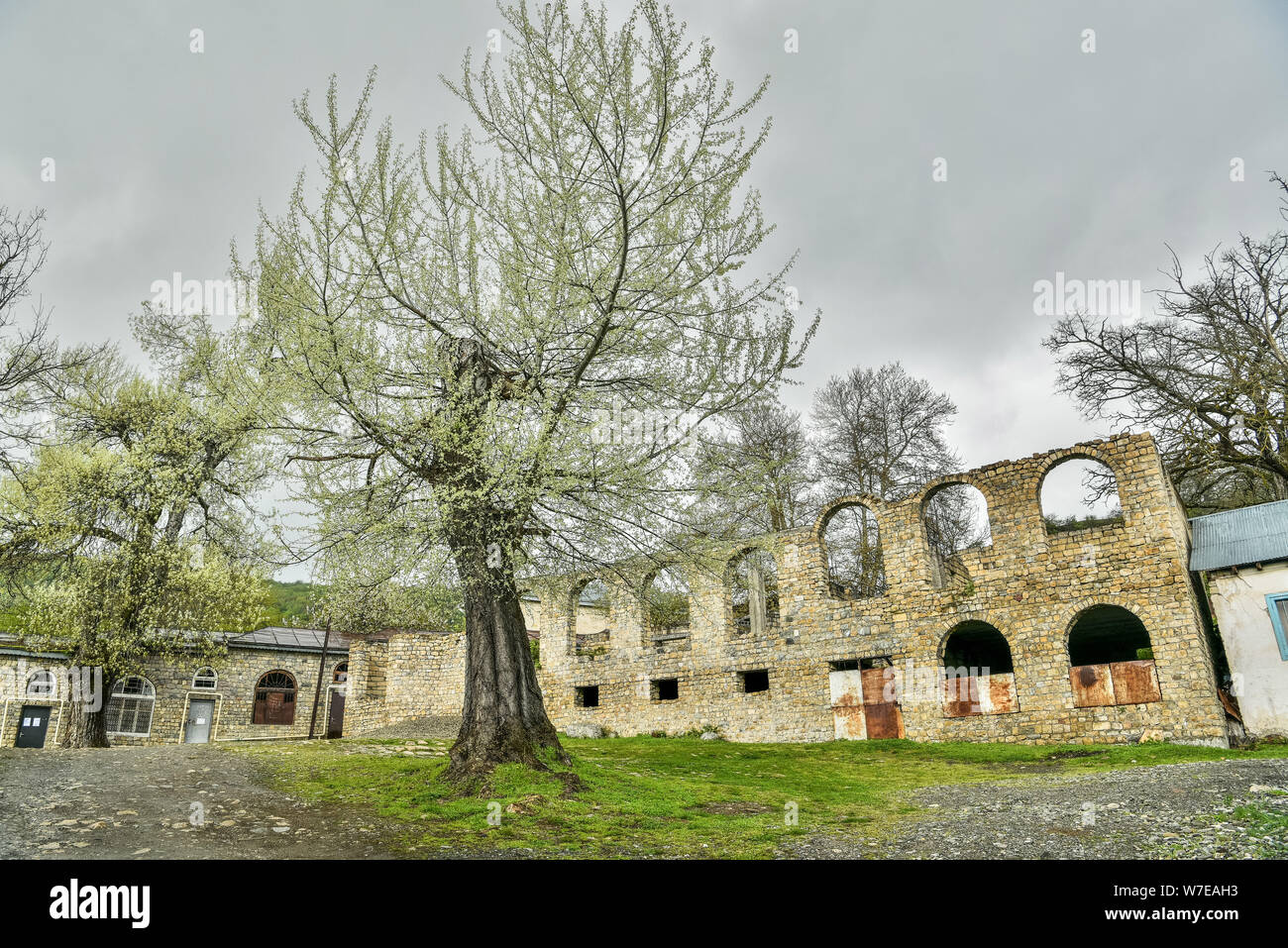 Main square of Basqal settlement of Ismailli region of Azerbaijan, with ...