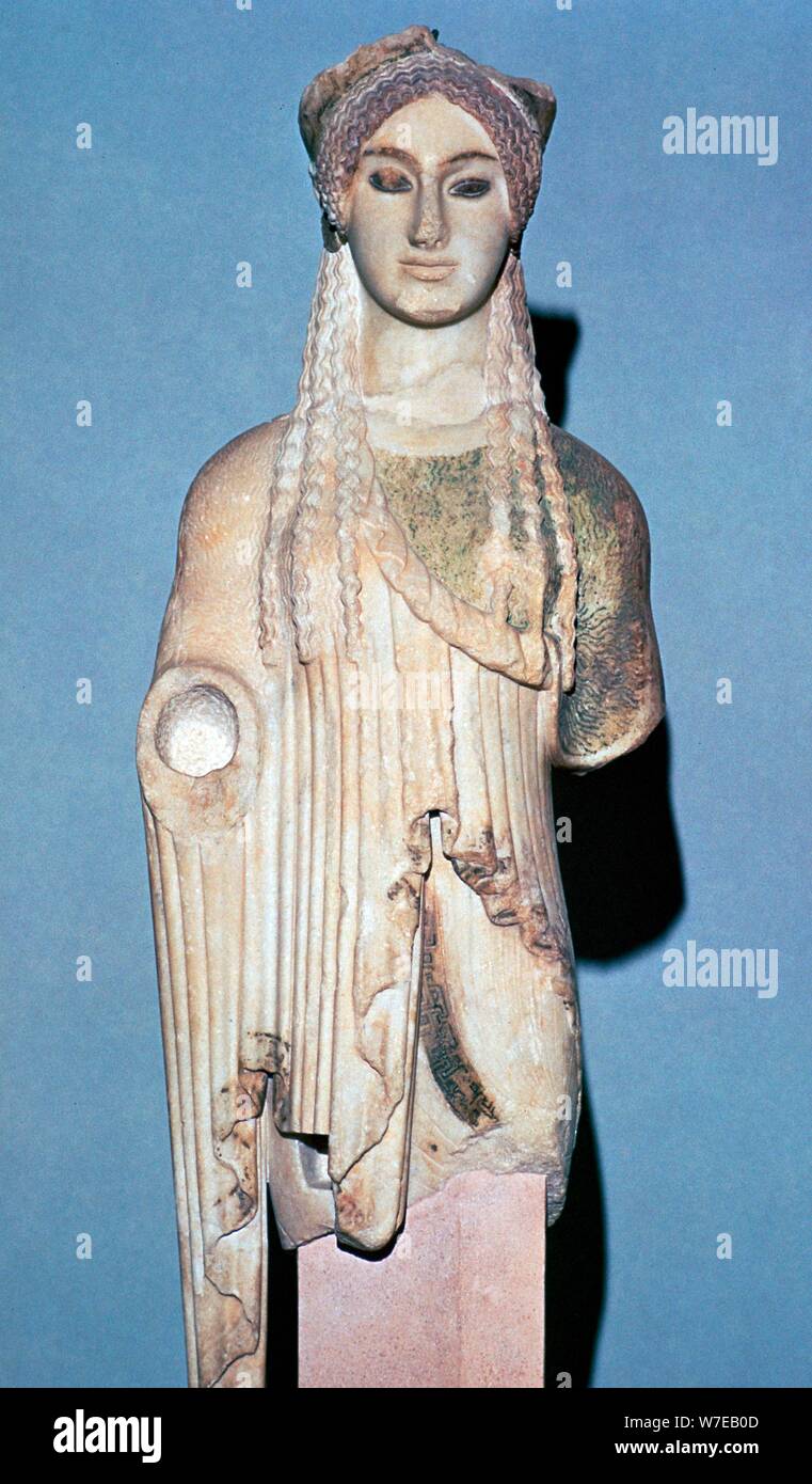 Greek statue Kore 674 from the Acropolis, 6th century BC. Artist ...
