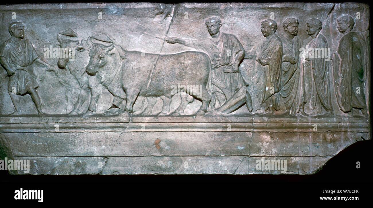 Roman relief showing the ritual plowing of the boundaries of a new city ...