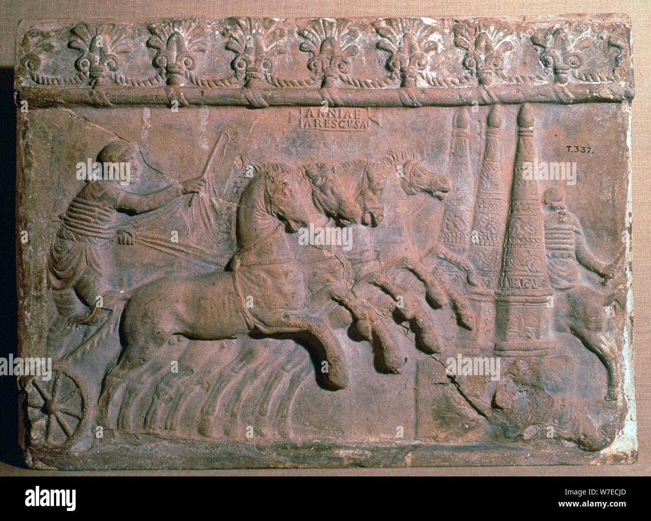 Roman terracotta panel showing a racing chariot. Artist: Unknown Stock ...