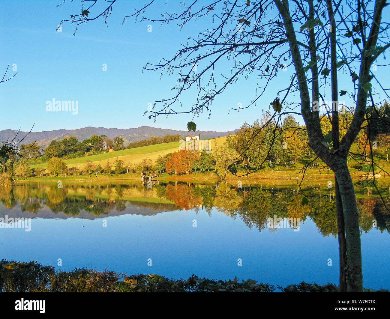 Landscape: Italy, Vicchio (Florence) pond in spring with reflection ...