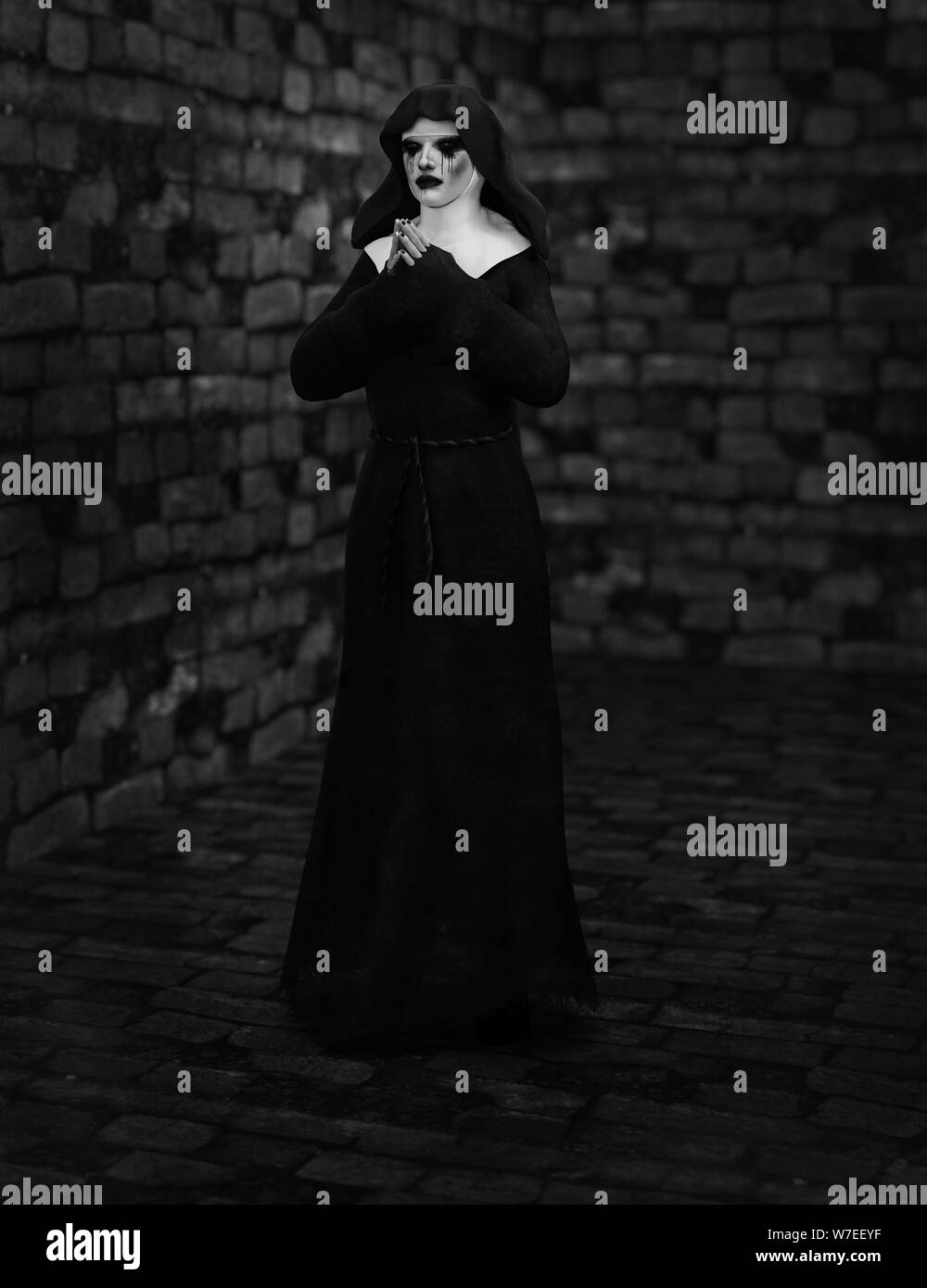 3D rendering, black and white image of a ghost nun or demon praying ...