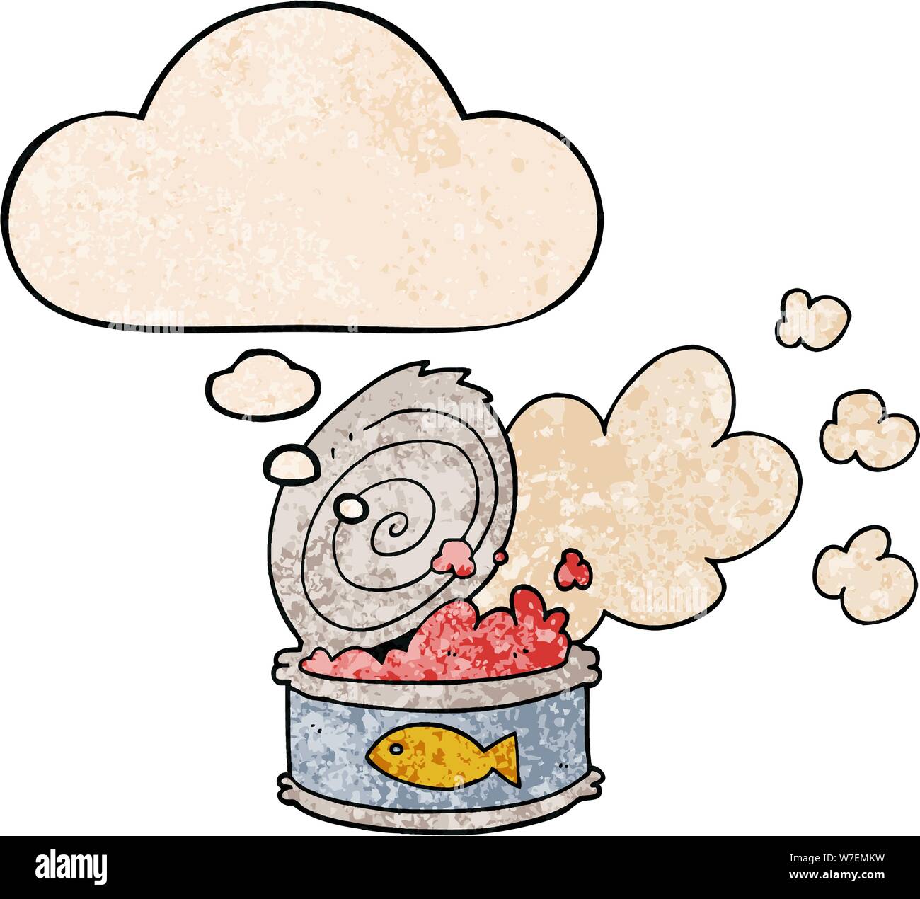 cartoon smelly can of fish with thought bubble in grunge texture style ...
