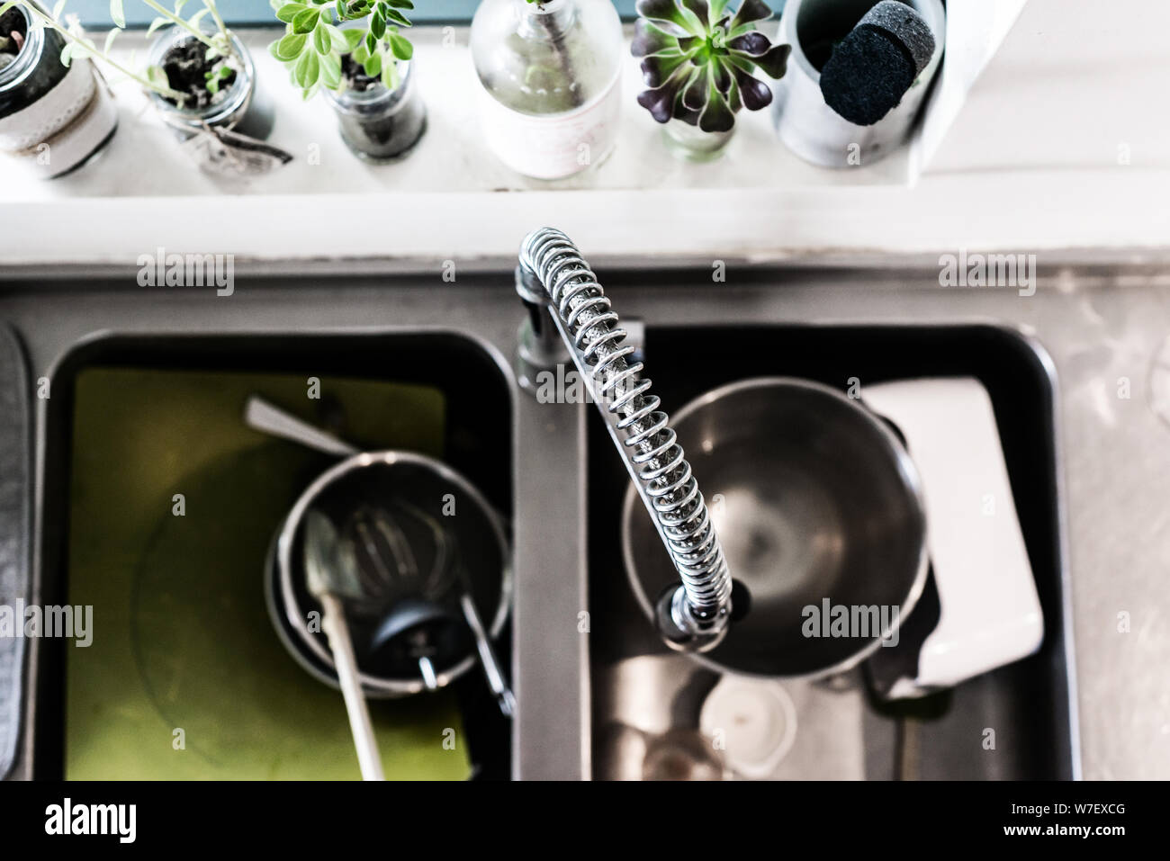 overhead view of kitchen sink and tap, with curved gooseneck tap Stock ...