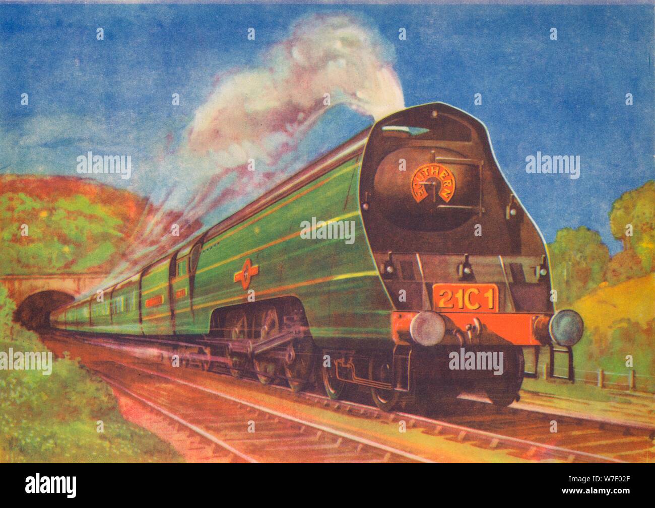 'New Streamlined Express, Merchant Navy, S.R., leaving Honiton Tunnel ...