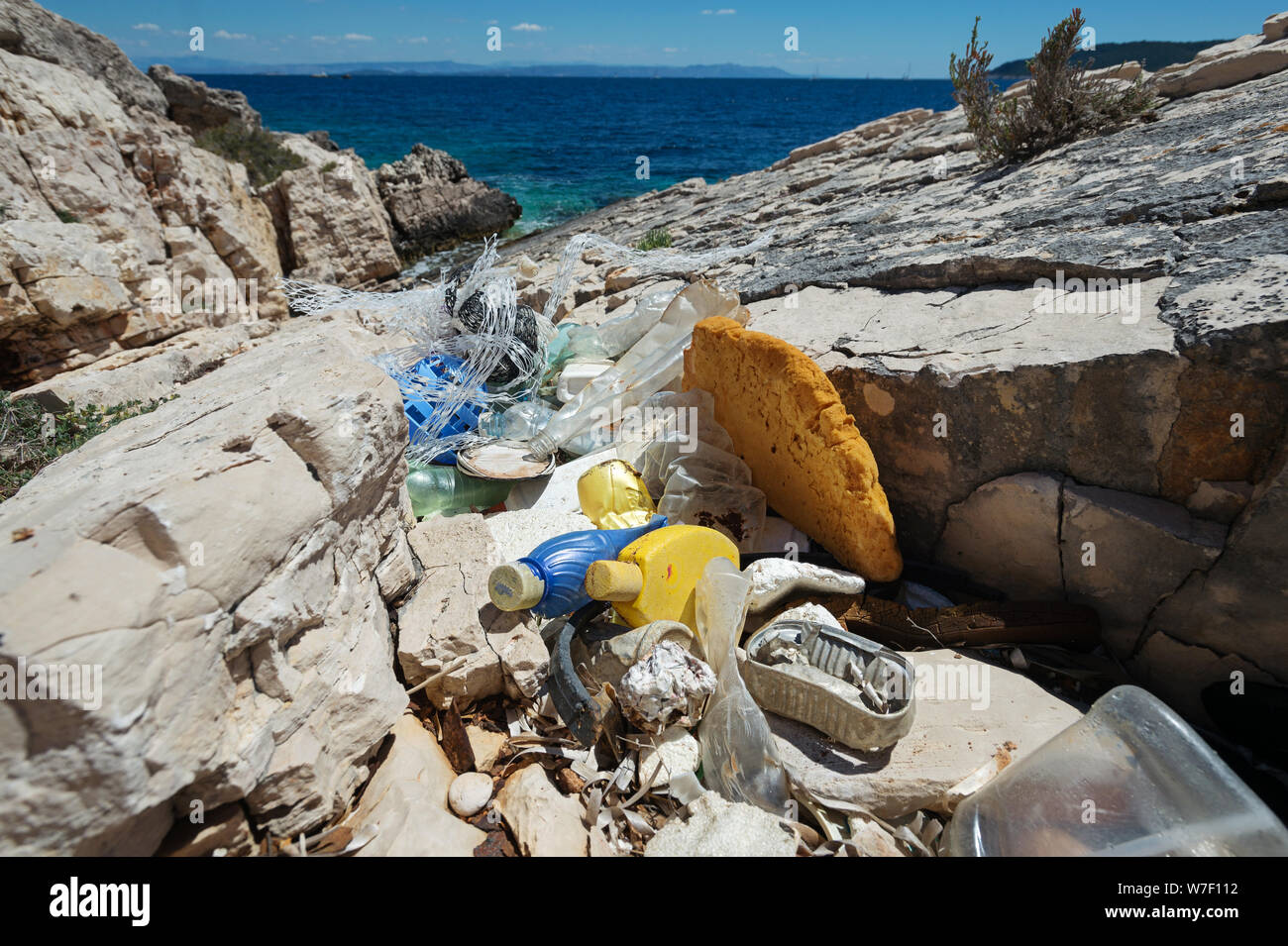 Marine debris accumulates heavily along seashores. Plastic bottles and ...