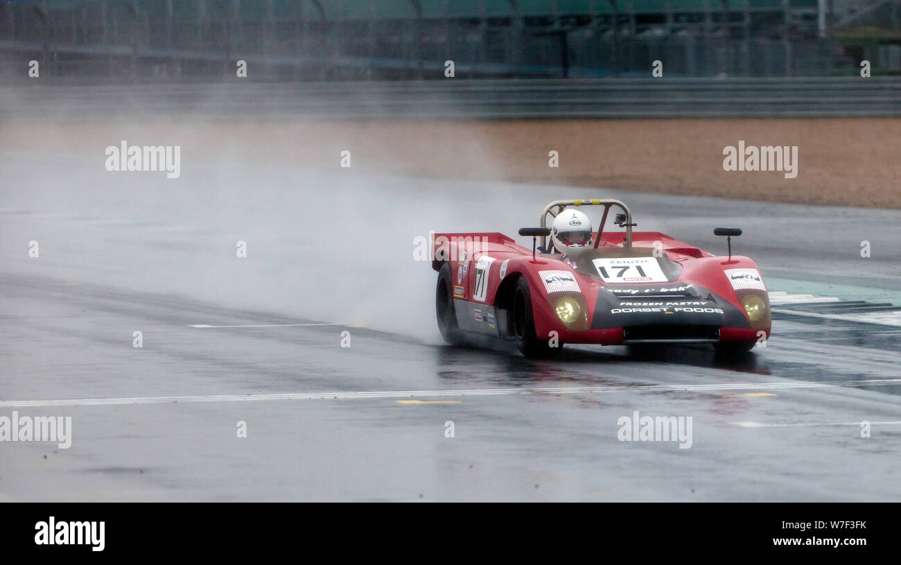 David and Lorraine Gathercole's, 1971, Lola T212, competing in a rainy ...