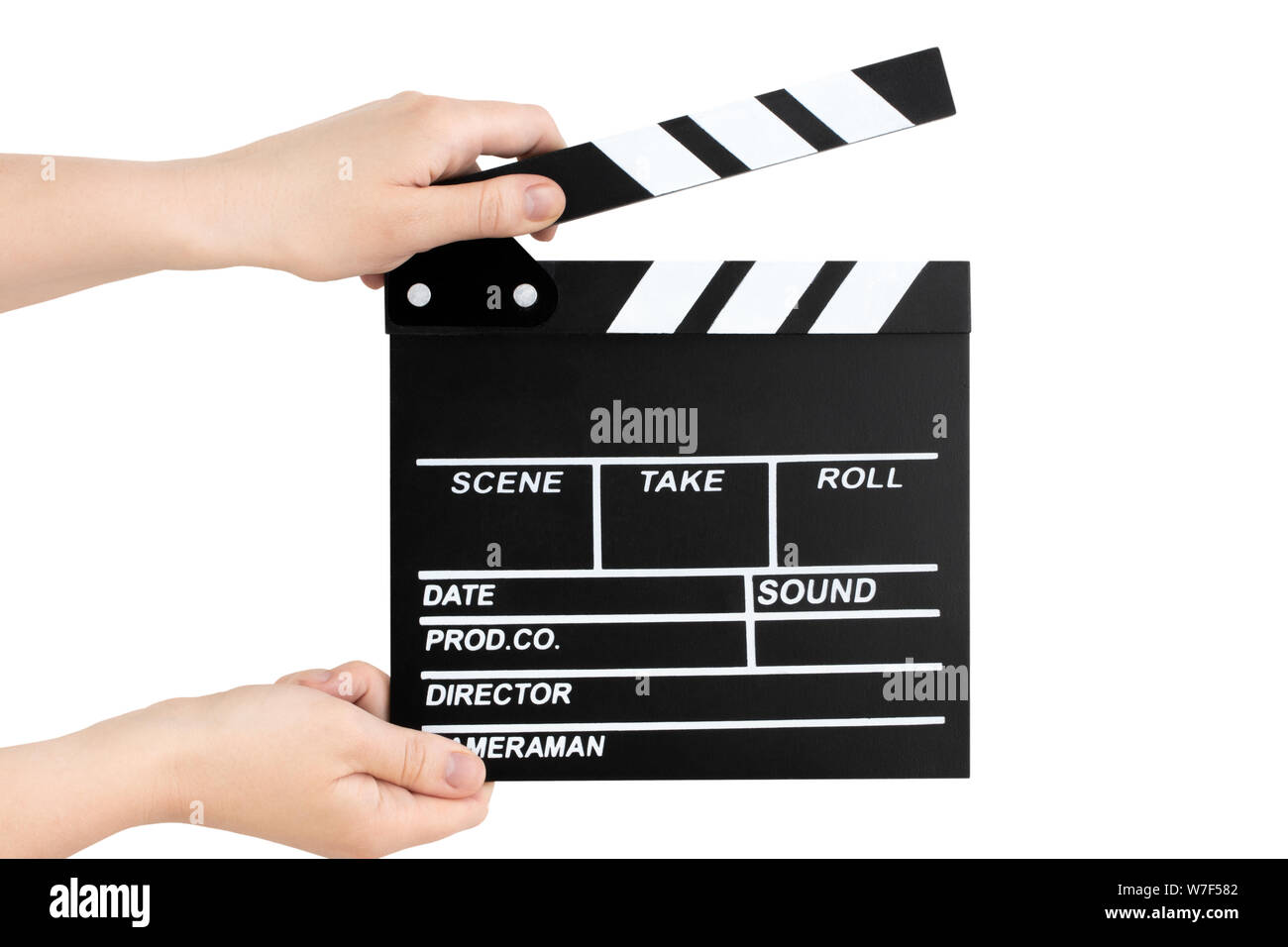 Hands holding clapper board isolated on white with clipping path Stock ...