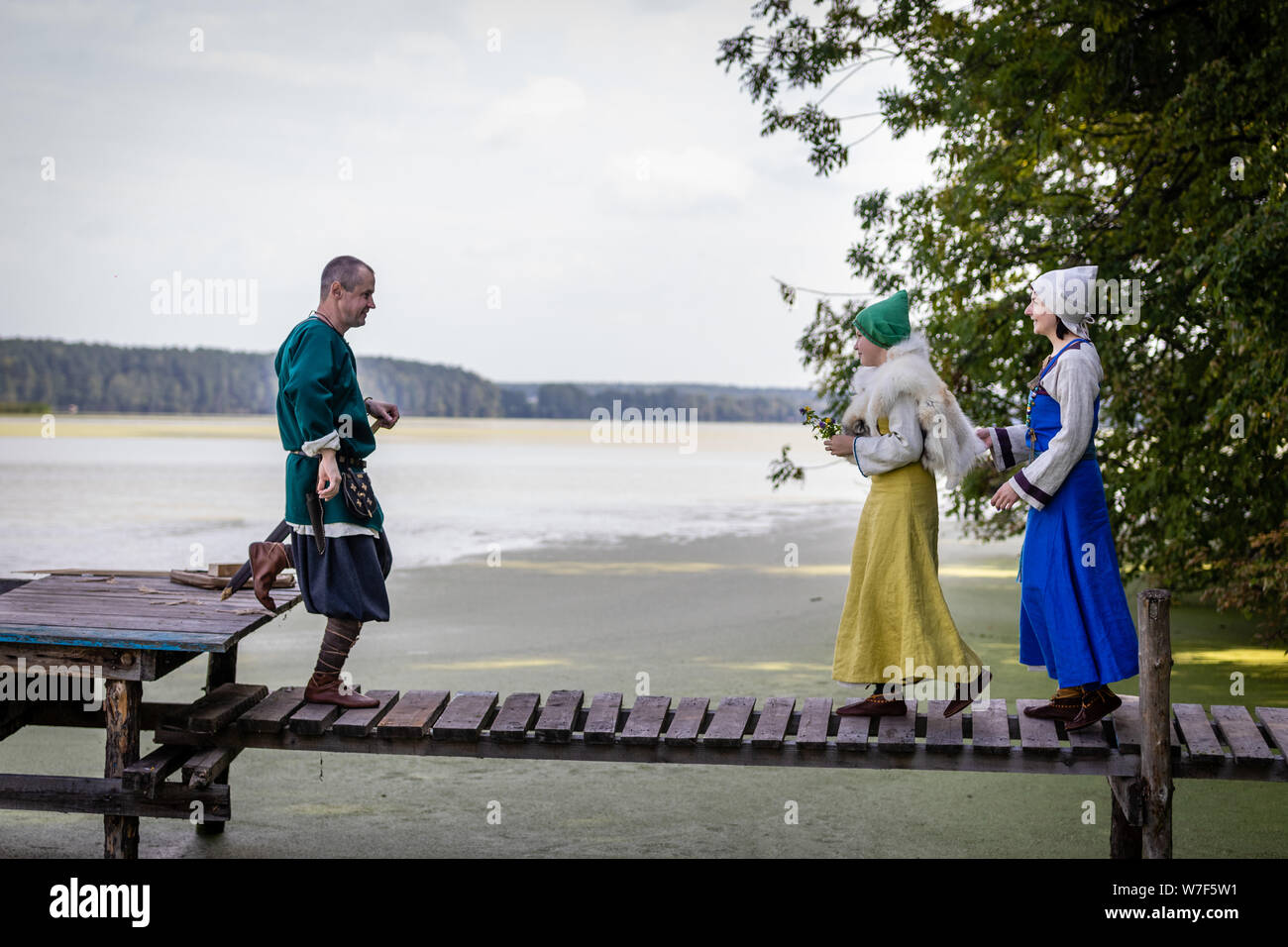 Viking family, reconstruction of clothing 9-11 centuries, Sweden, the ...