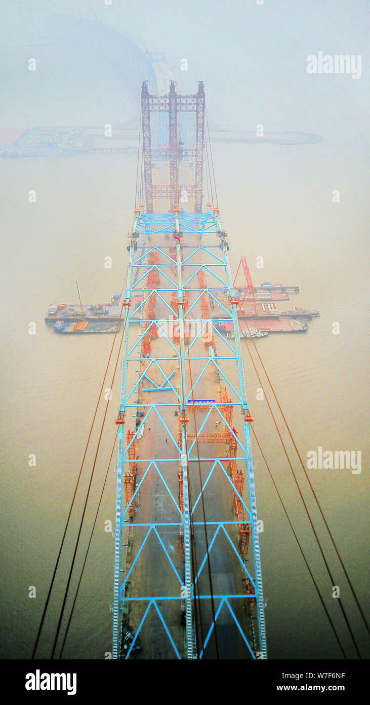 The main arch part of world's longest cable-stayed bridge, the Hutong ...