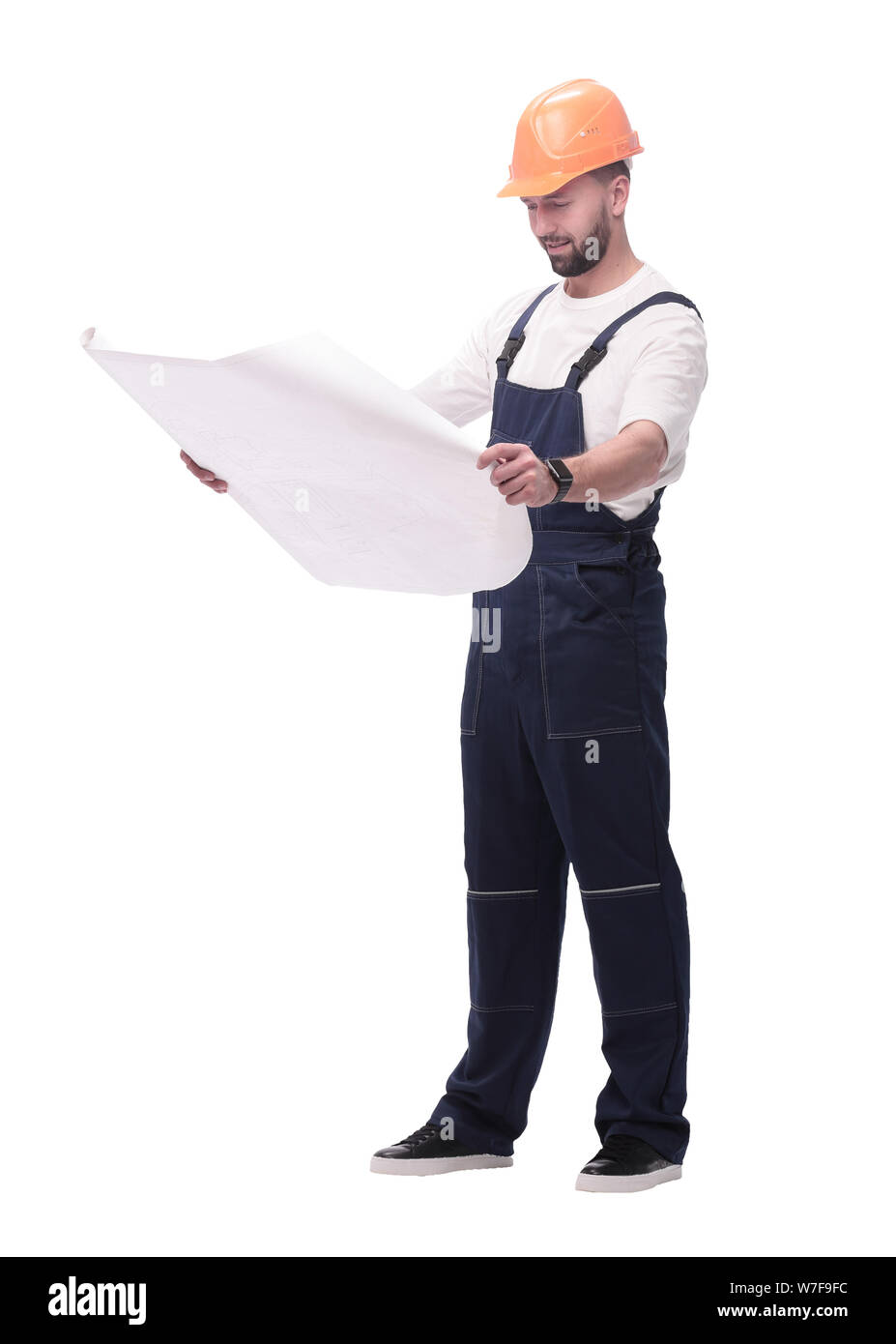 competent foreman Builder looking at drawings. isolated on white Stock ...