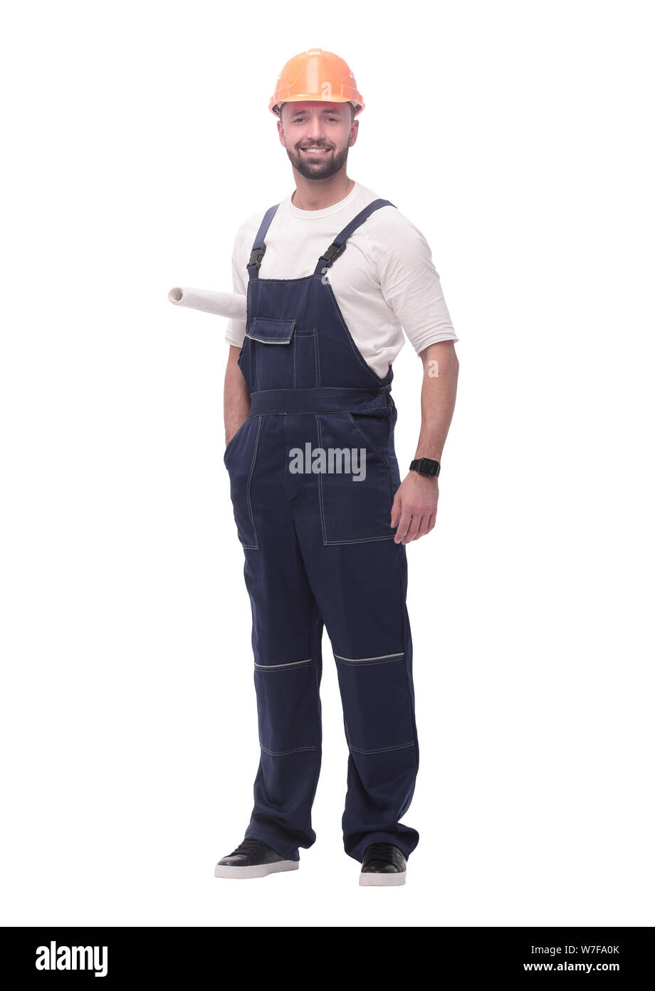 in full growth. competent worker with drawings Stock Photo - Alamy