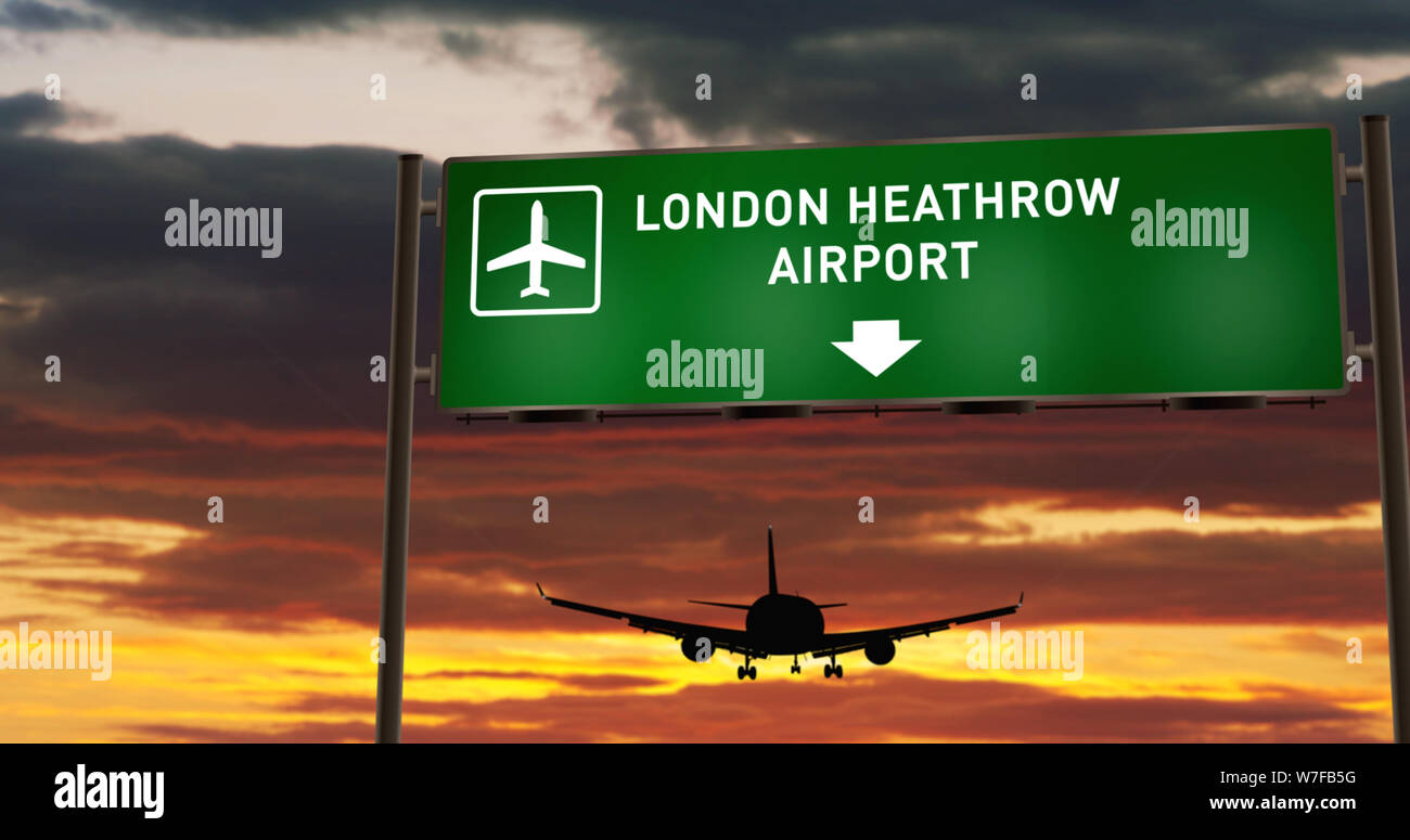 Airplane silhouette landing in London Heathrow, England, Great Britain ...