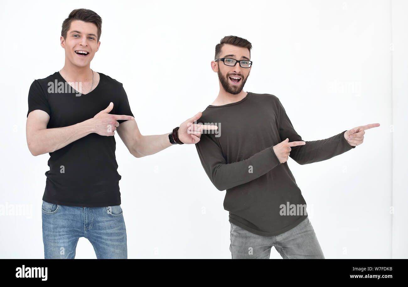 men showing on empty space with finger isolated Stock Photo - Alamy