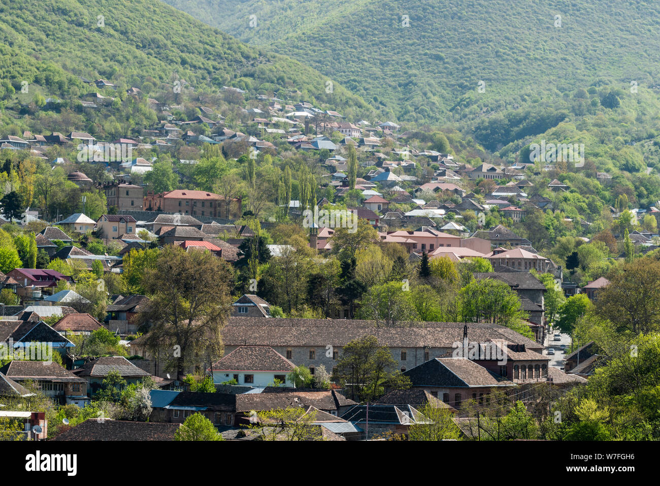 Sheki, Azerbaijan - April 29, 2019. View over Sheki town in Azerbaijan ...