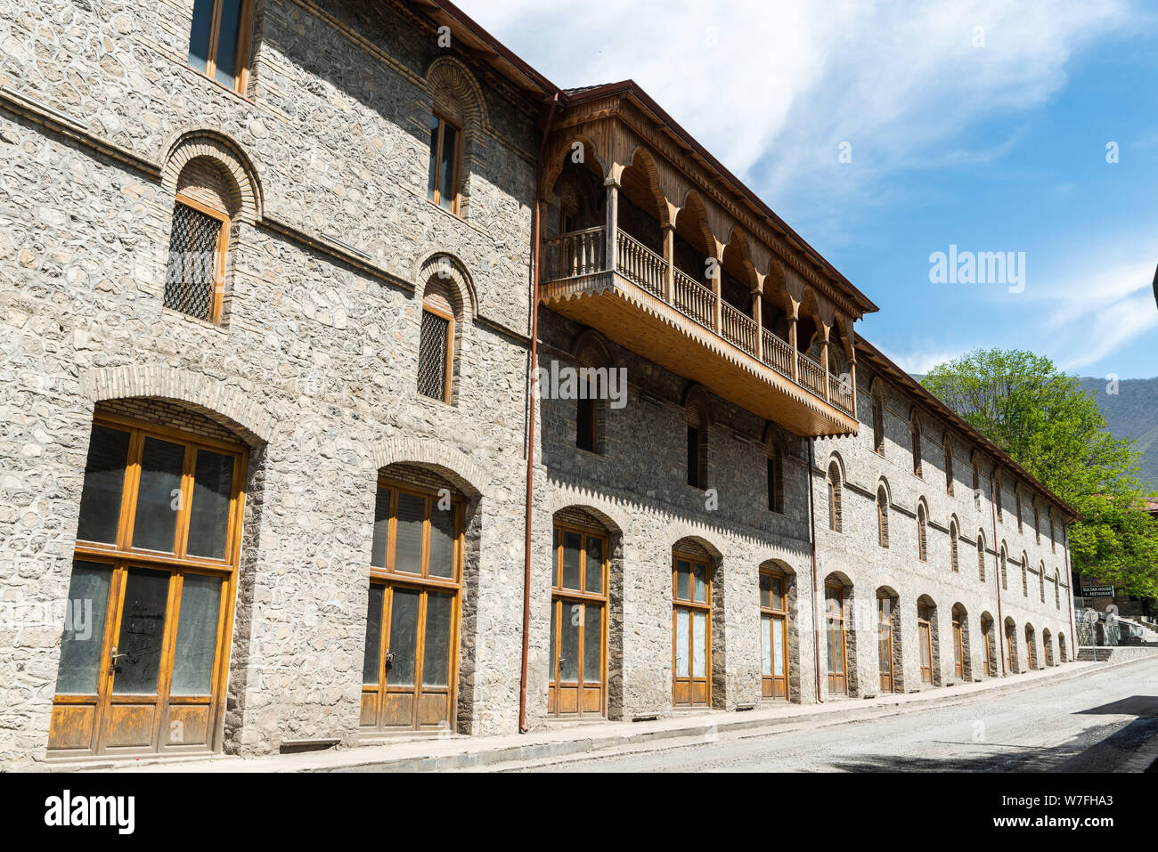 Sheki, Azerbaijan - April 29, 2019. Exterior view of Lower Karavansaray ...