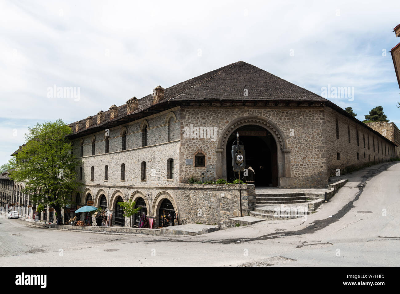 Sheki, Azerbaijan - April 29, 2019. Exterior view of Karavansaray ...