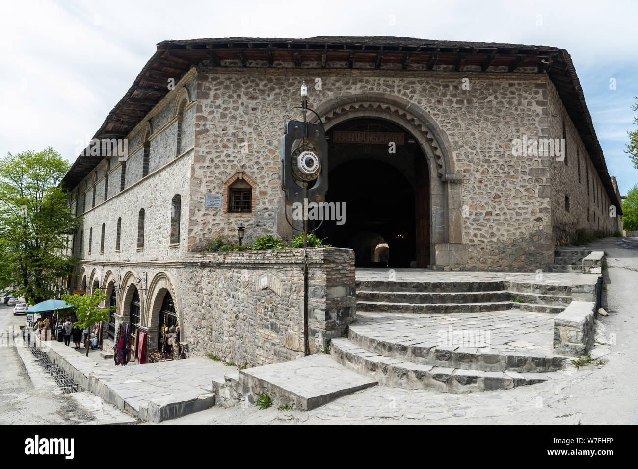 Sheki, Azerbaijan - April 29, 2019. Exterior view of Karavansaray ...