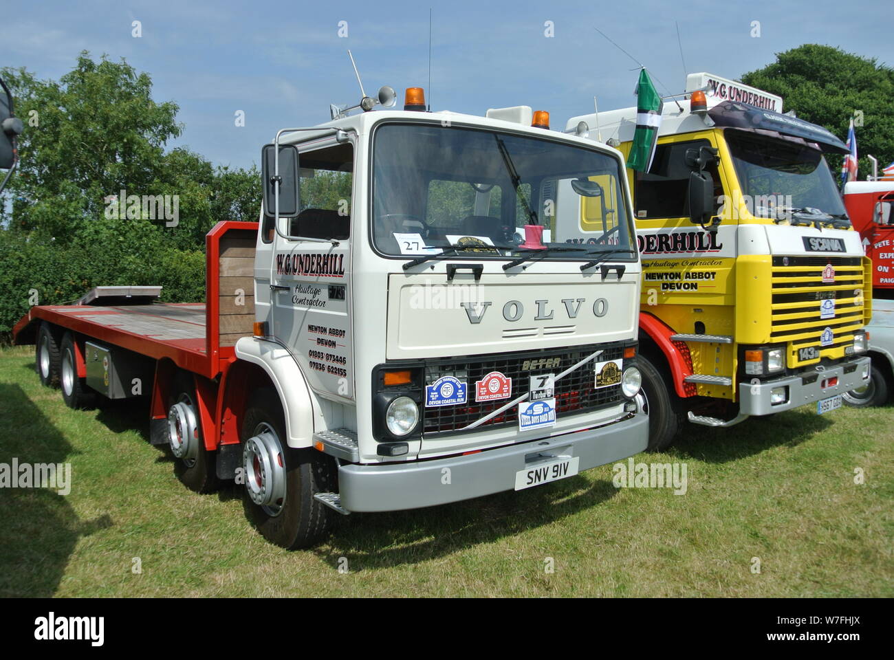 A 1979 Volvo F7-31 Beavertail lorry parked next to a 1990 Scania 143-V8 ...