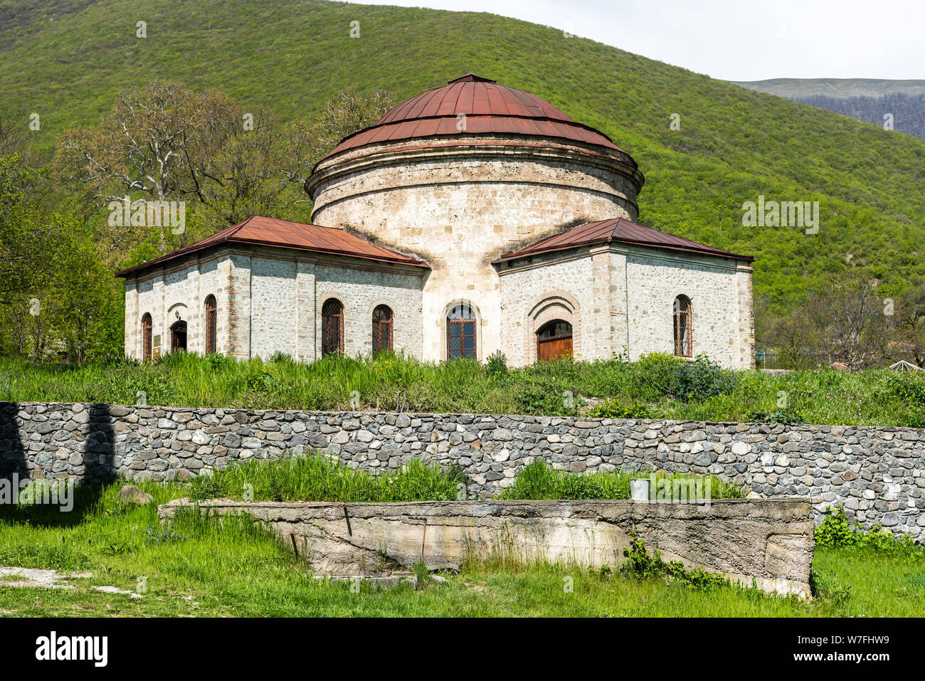 Sheki, Azerbaijan - April 29, 2019. Exterior view of dome-roofed ...