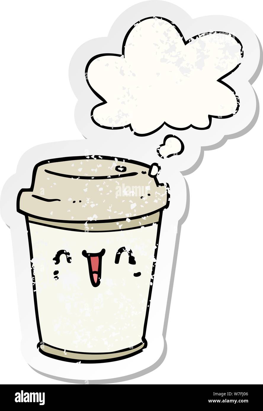 cartoon take out coffee with thought bubble as a distressed worn ...