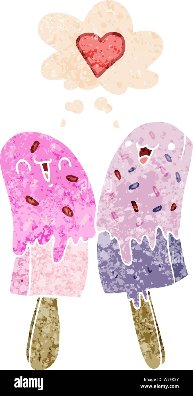 cartoon ice lolly in love with thought bubble in grunge distressed ...