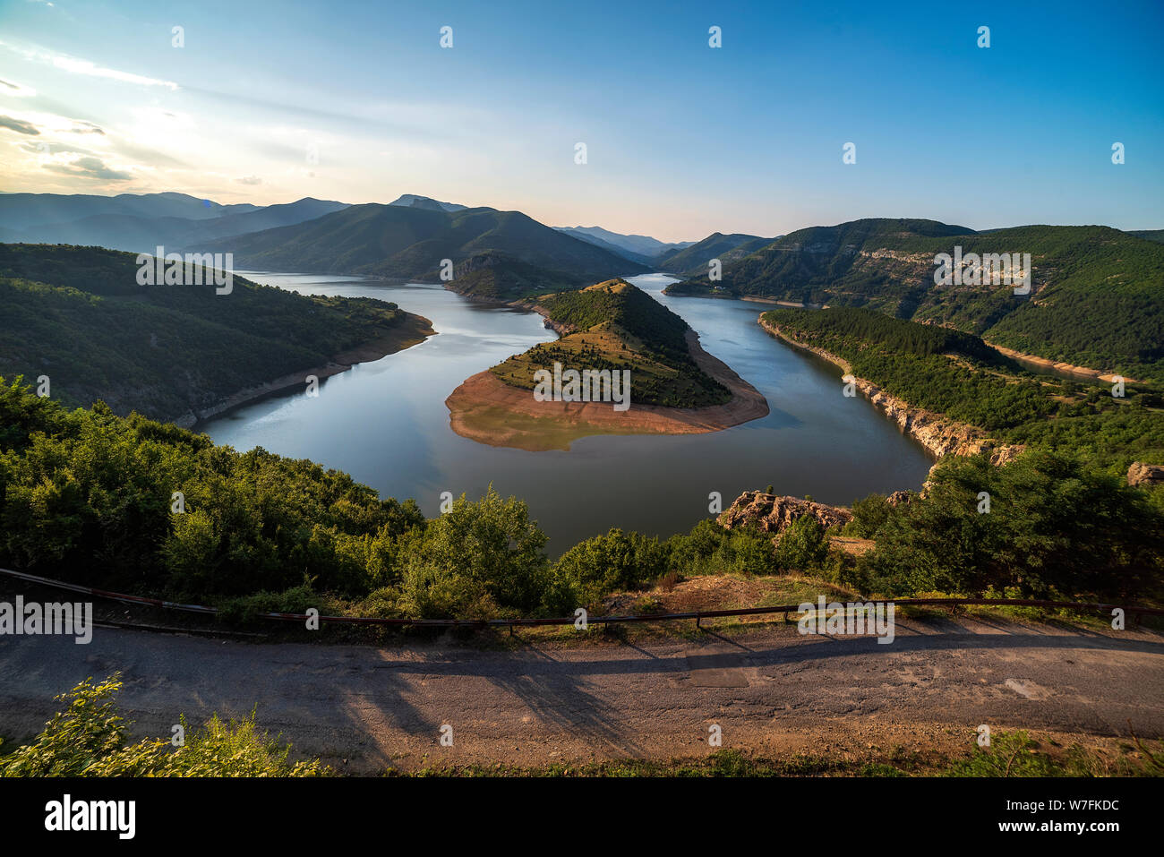 Bulgaria, Kurdjali dam, aerial view of meander in Arda river ...