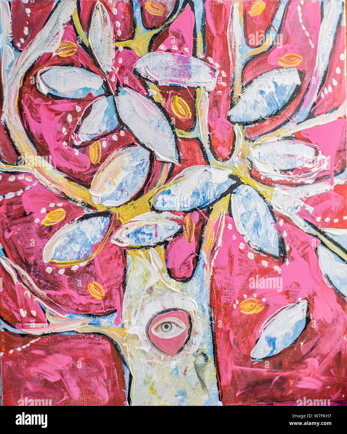Stylized abstract decorative tree fall. Foliage collage painting. Leaf ...