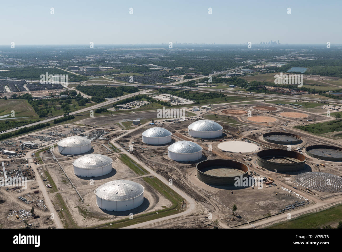 Aerial view in 2014 of energy-storage tanks outside downtown Houston ...