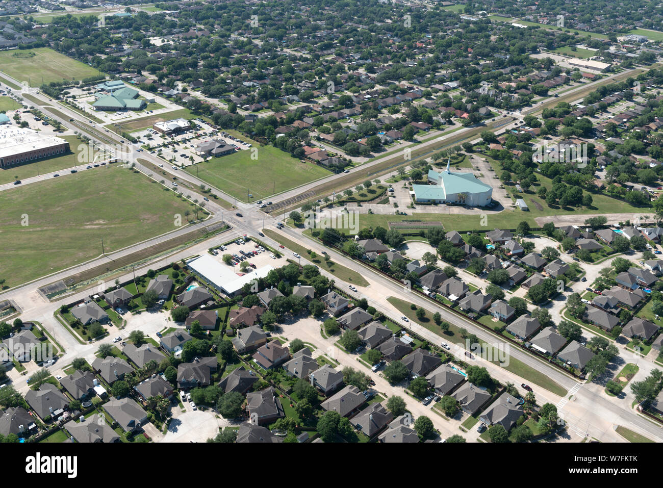 Aerial view in 2014 of sprawling Houston, Texas, in the midst of an ...