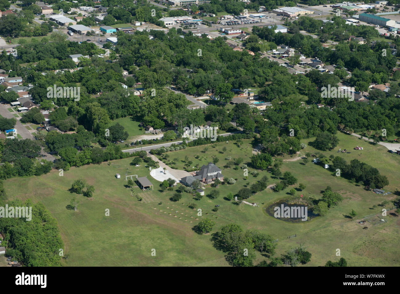 Aerial view in 2014 of a residential section of sprawling Houston ...