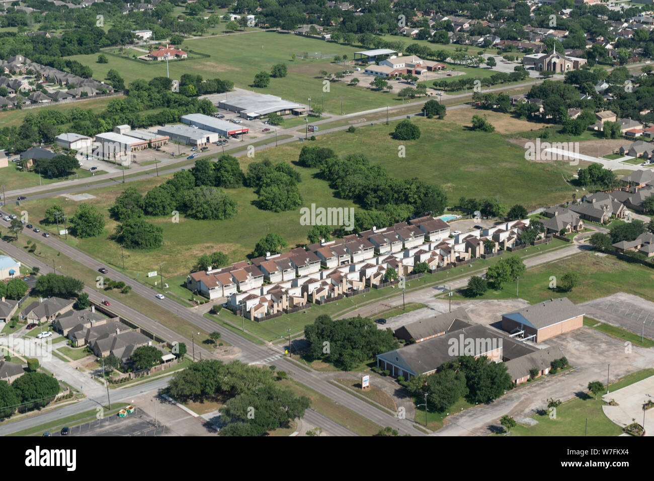 Aerial view in 2014 of a residential section of sprawling Houston ...