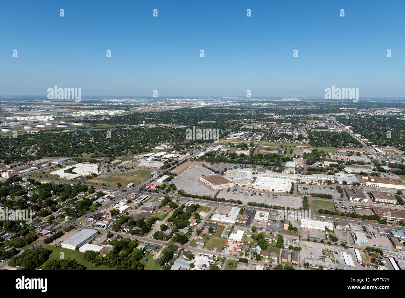 Aerial view in 2014 of sprawling Houston, Texas, in the midst of an ...