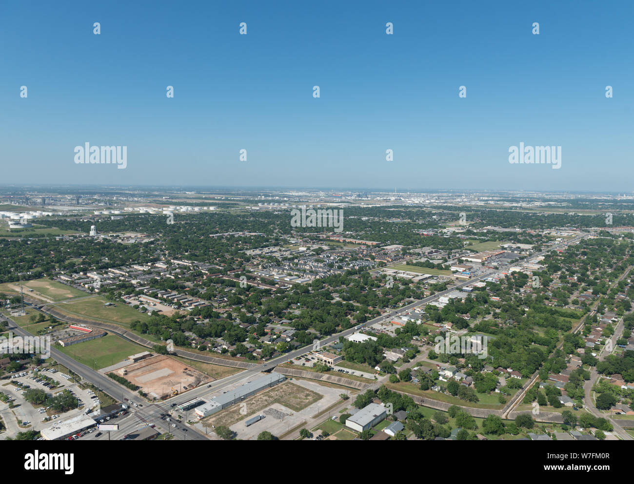 Aerial view in 2014 of sprawling Houston, Texas, in the midst of an ...