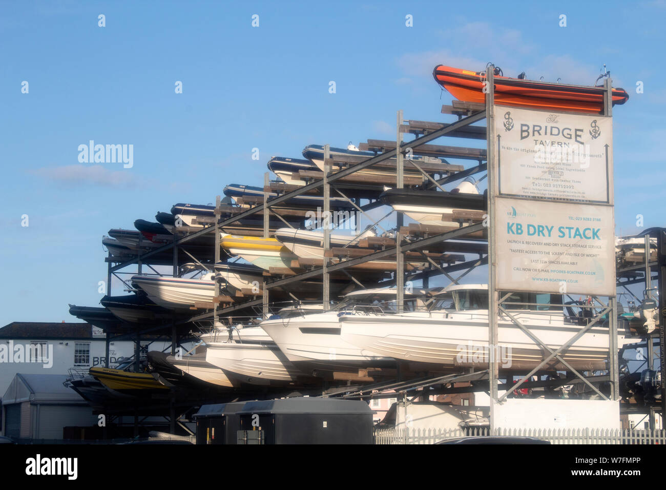 Boats in stacked high on a layered wrack - a dry dock, Old Portsmouth ...