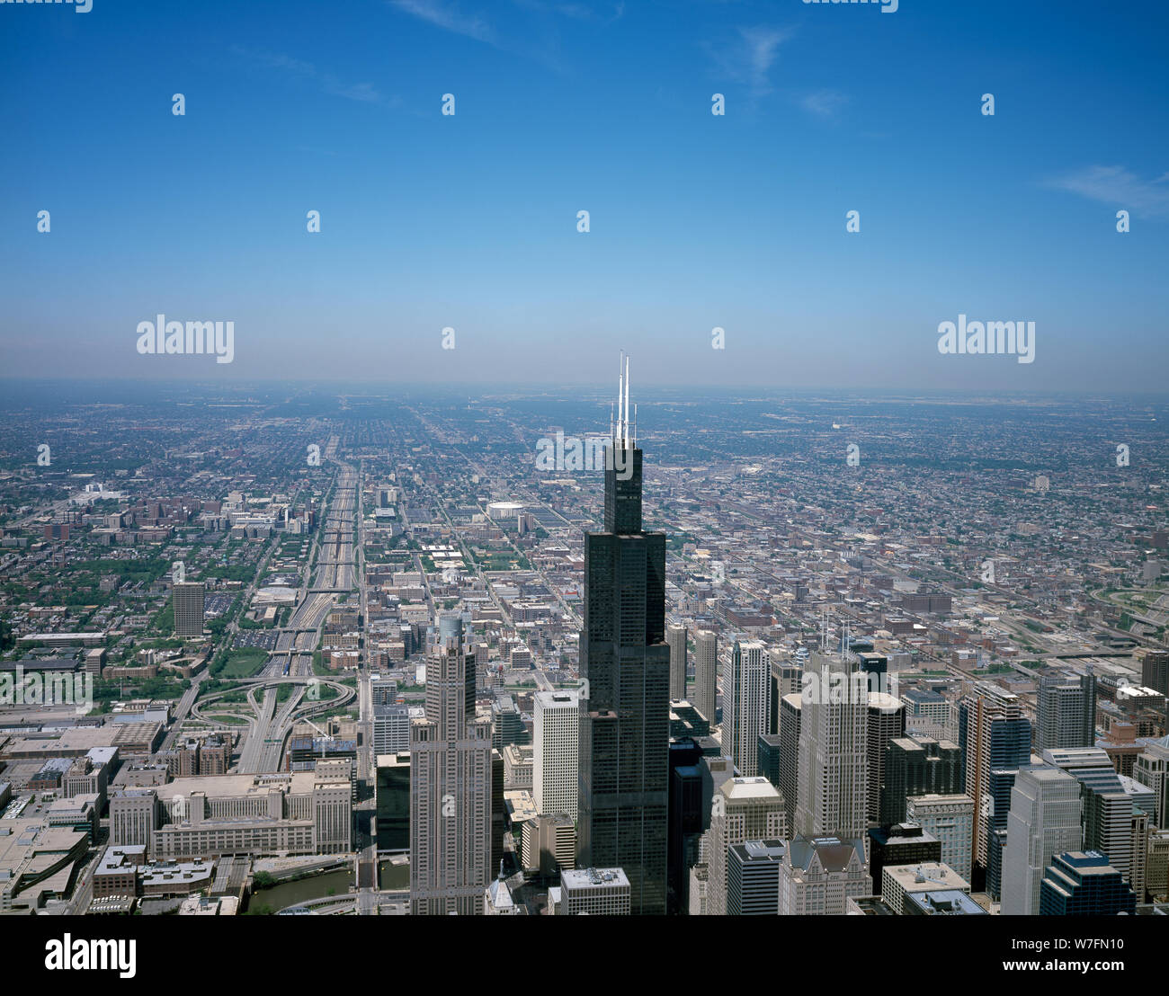 Aerial view of Chicago, Illinois. The black skyscraper is Willis Tower ...