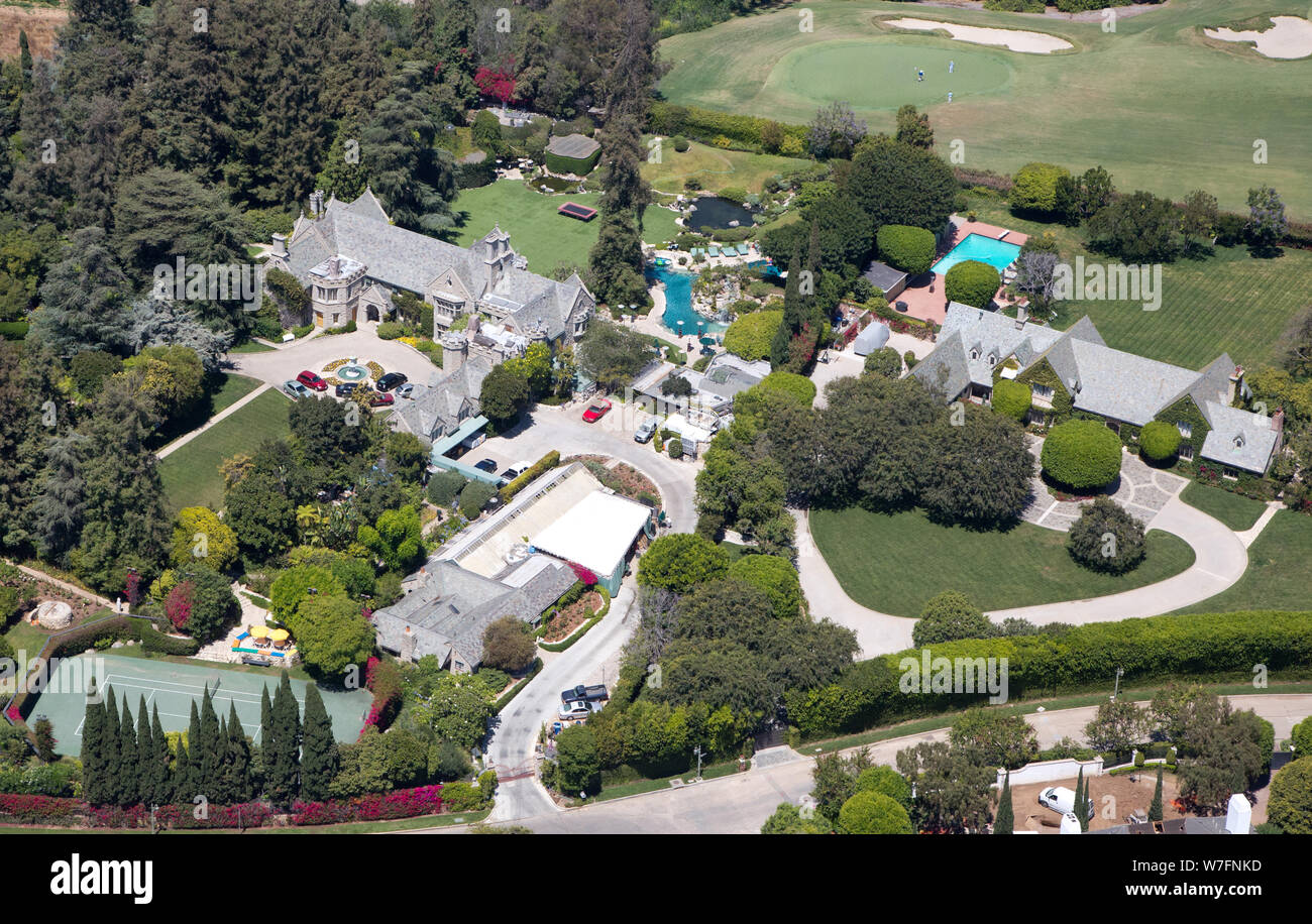 Aerial view of Hugh Hefner's Mansion located in Los Angeles, California ...