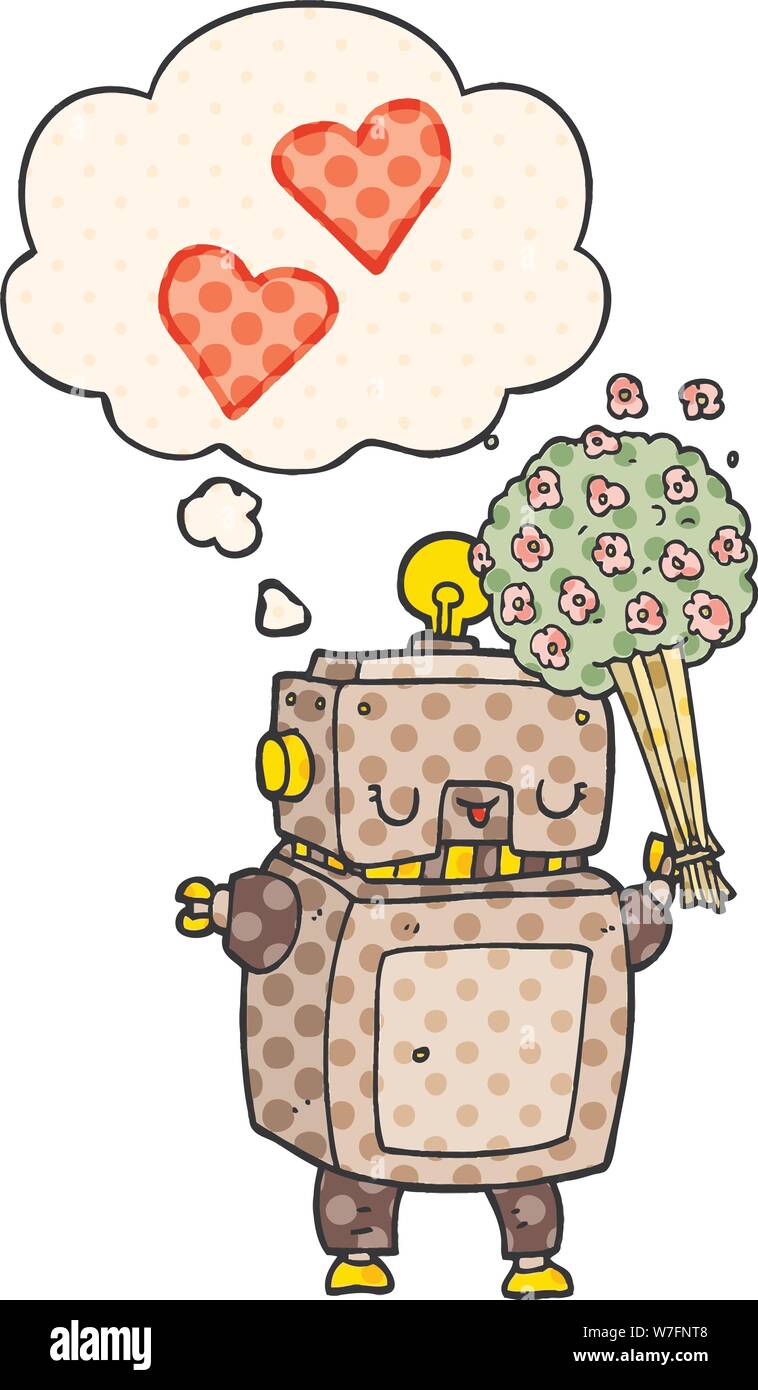cartoon robot in love with thought bubble in comic book style Stock ...