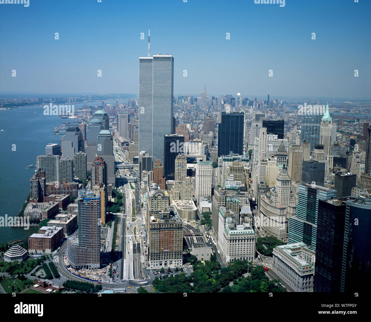 Aerial view of New York City, with Twin Towers of the World Trade ...
