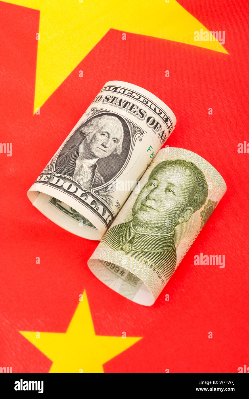 Chinese Yuan Renminbi banknote + U.S One Dollar bill & China flag. For ...