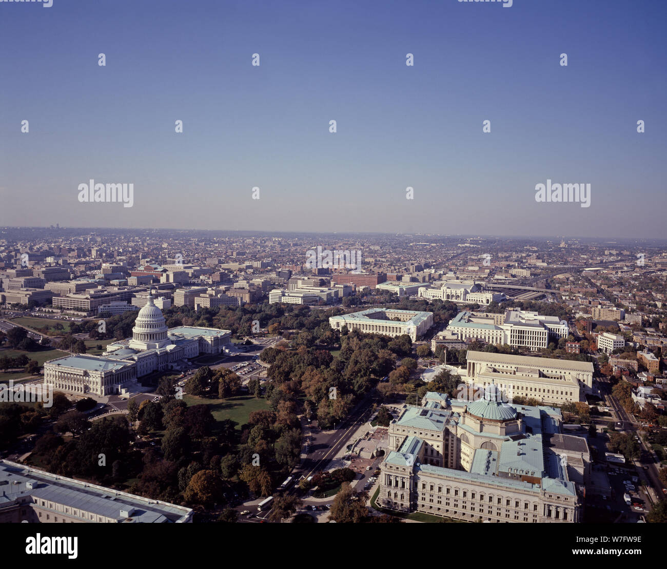 Aerial view of Washington, D.C., looking north showing the U.S. Capitol ...