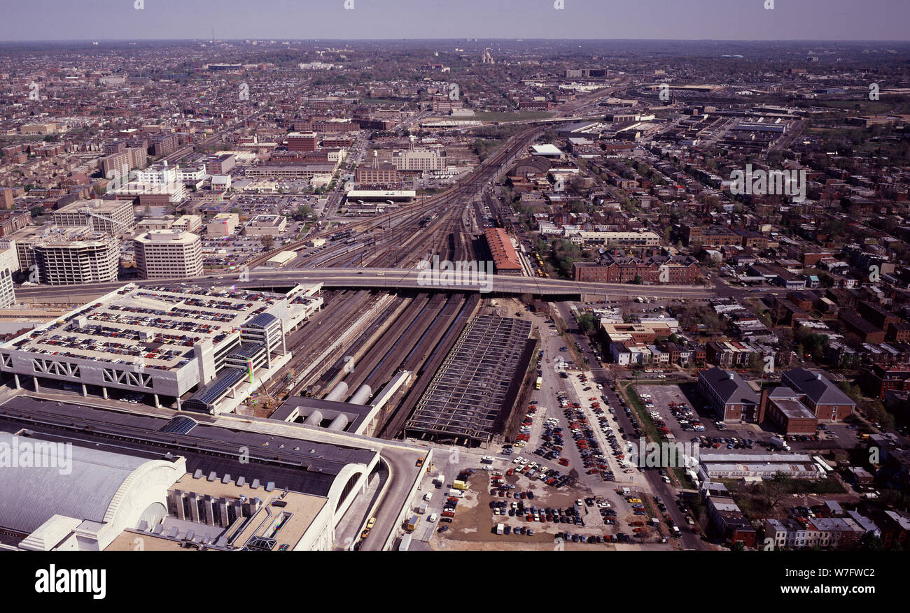 Aerial view of Washington, D.C., with Union Station and tracks leading ...