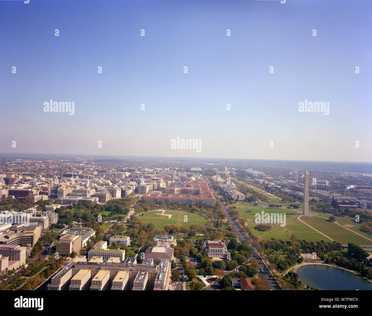 Aerial view of Washington, D.C, with the Washington Monument on the ...