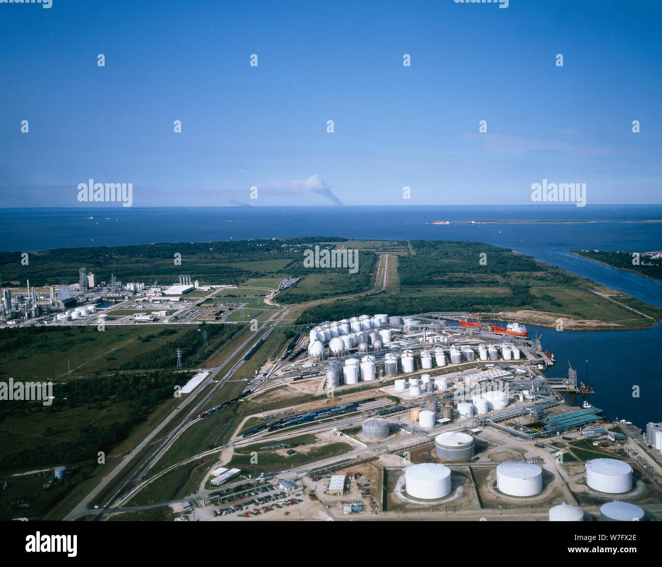 Aerial view of oil refinery next to the Gulf of Mexico near Houston ...
