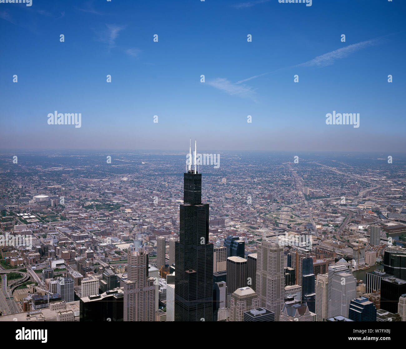 Aerial view of skyline, with a focus on Willis Tower, long known as ...