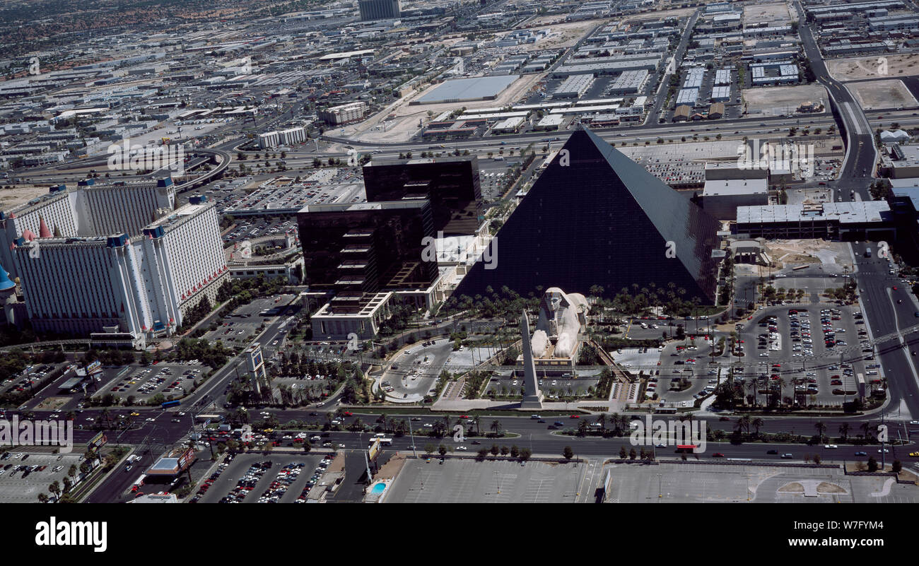 Aerial view showing the Luxor Hotel Sphynx and Pyramid, Las Vegas ...