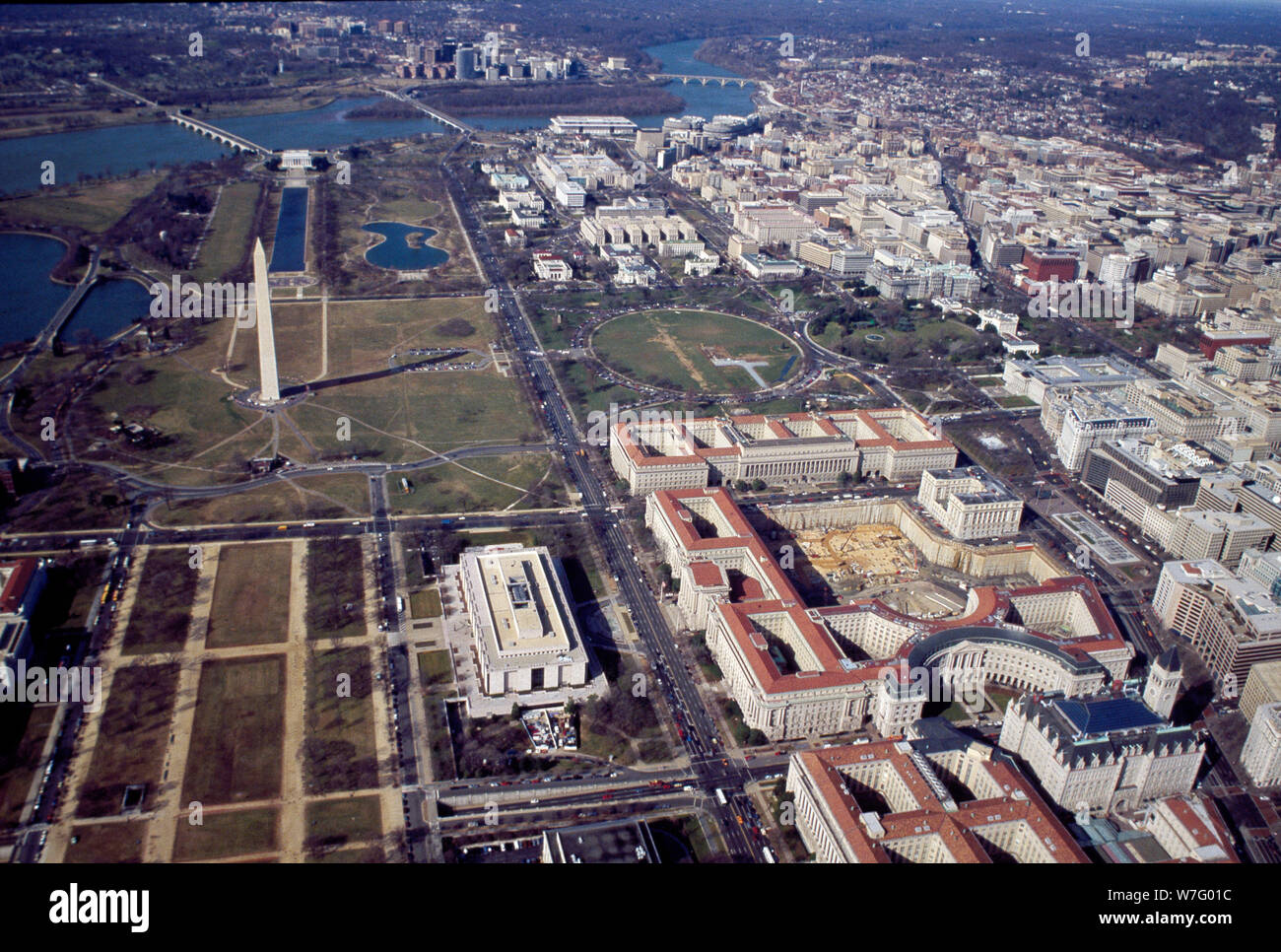 Aerial view with a focus on the red-roofed federal buildings of the ...