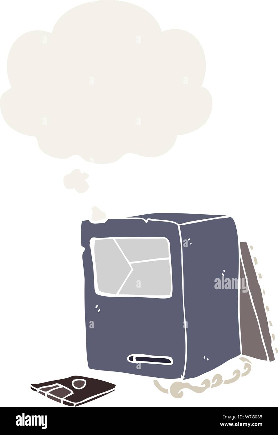 cartoon broken old computer with thought bubble in retro style Stock ...