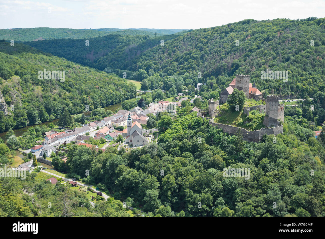 Medieval town and Hardegg Castle in the Thayatal National Park seen ...
