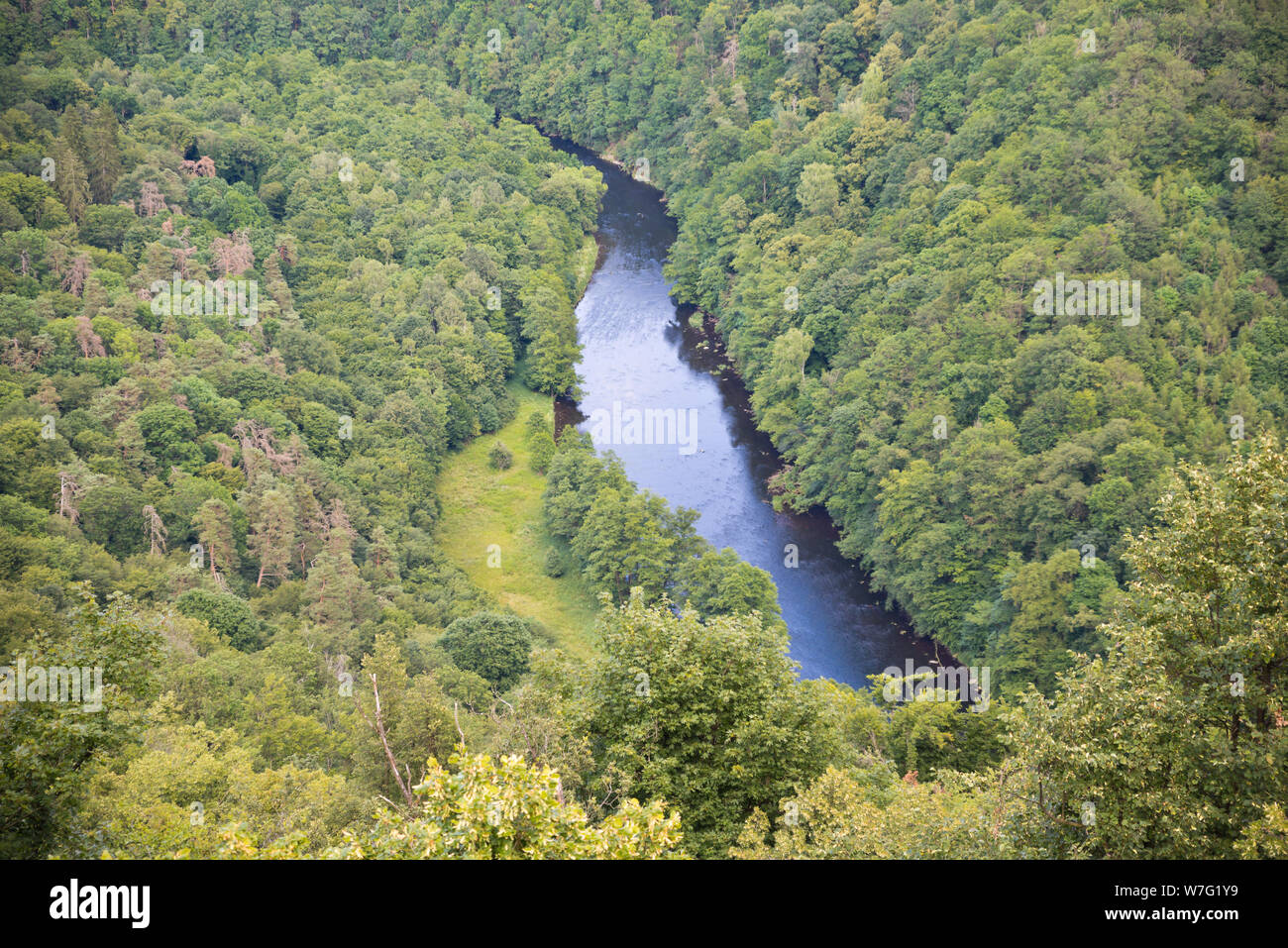 Thaya valley panoramic aerial view of river framed by dense mixed ...